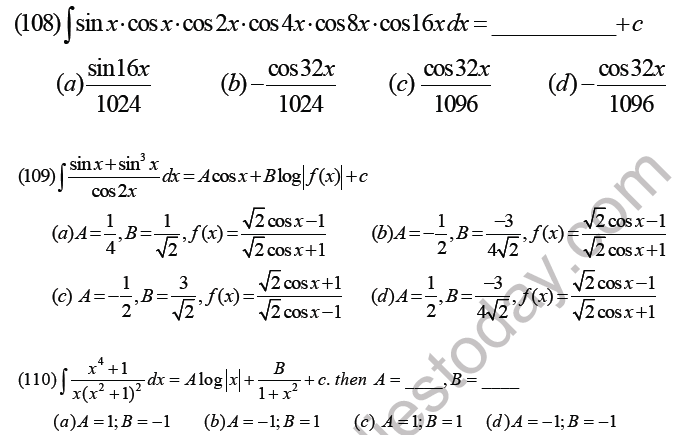 JEE Mathematics Indefinite Integrals MCQs Set C with Answers